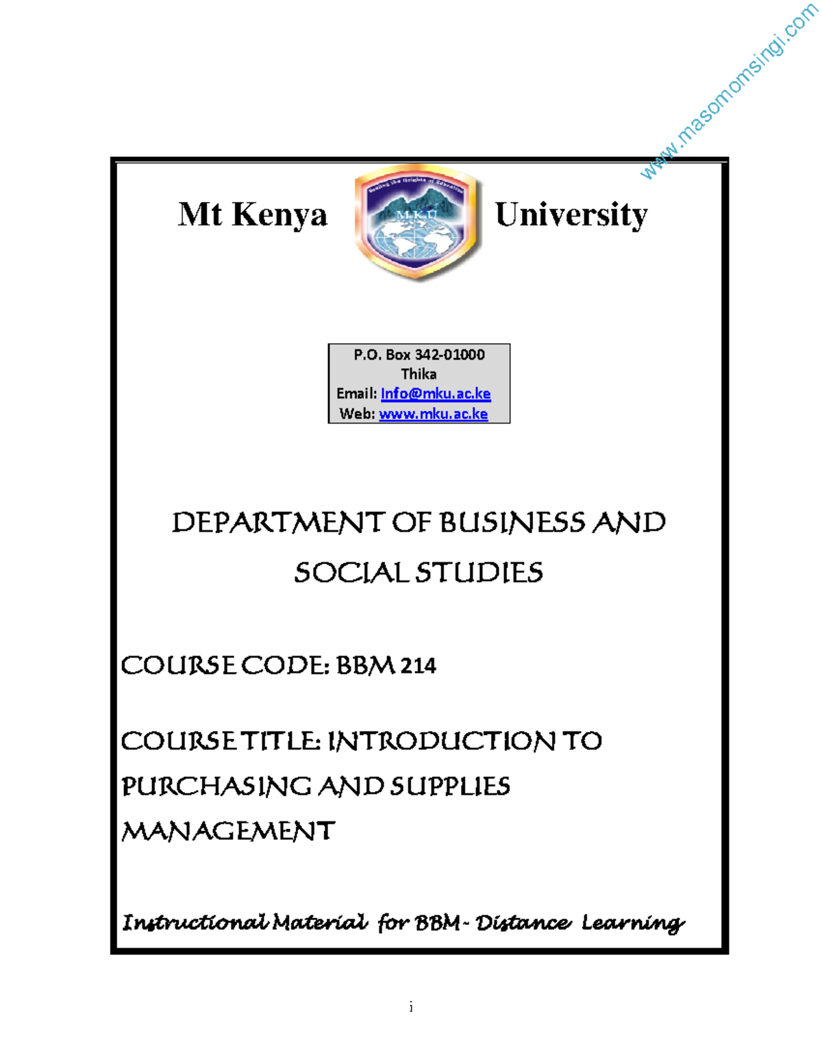 BBM 214 Purchasing and Supplies Module - P. Box 342 ‐ 01000 Thika Email: Info@mku.ac Web: mku.ac ...