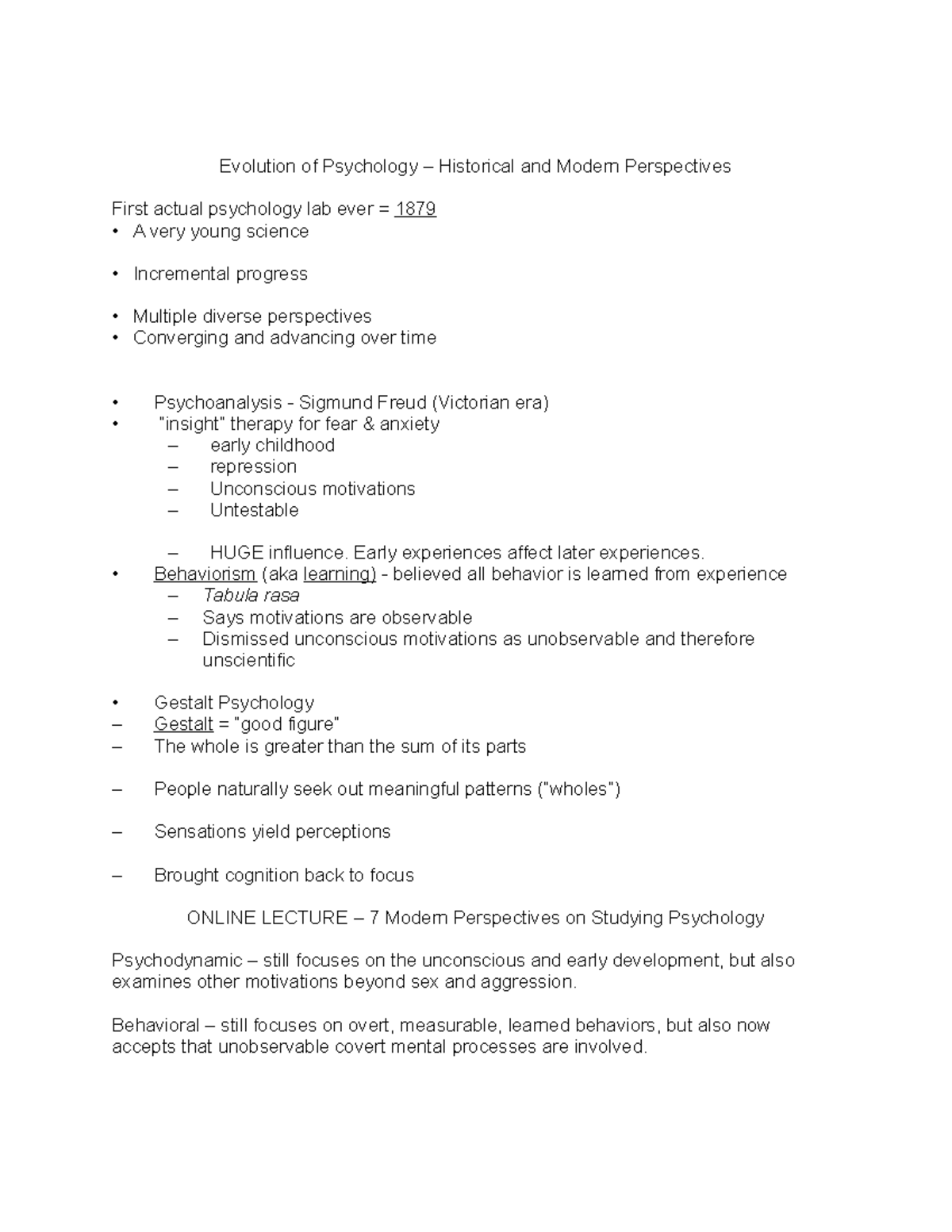 psychology lecture notes historical and modern perspectives hull ...