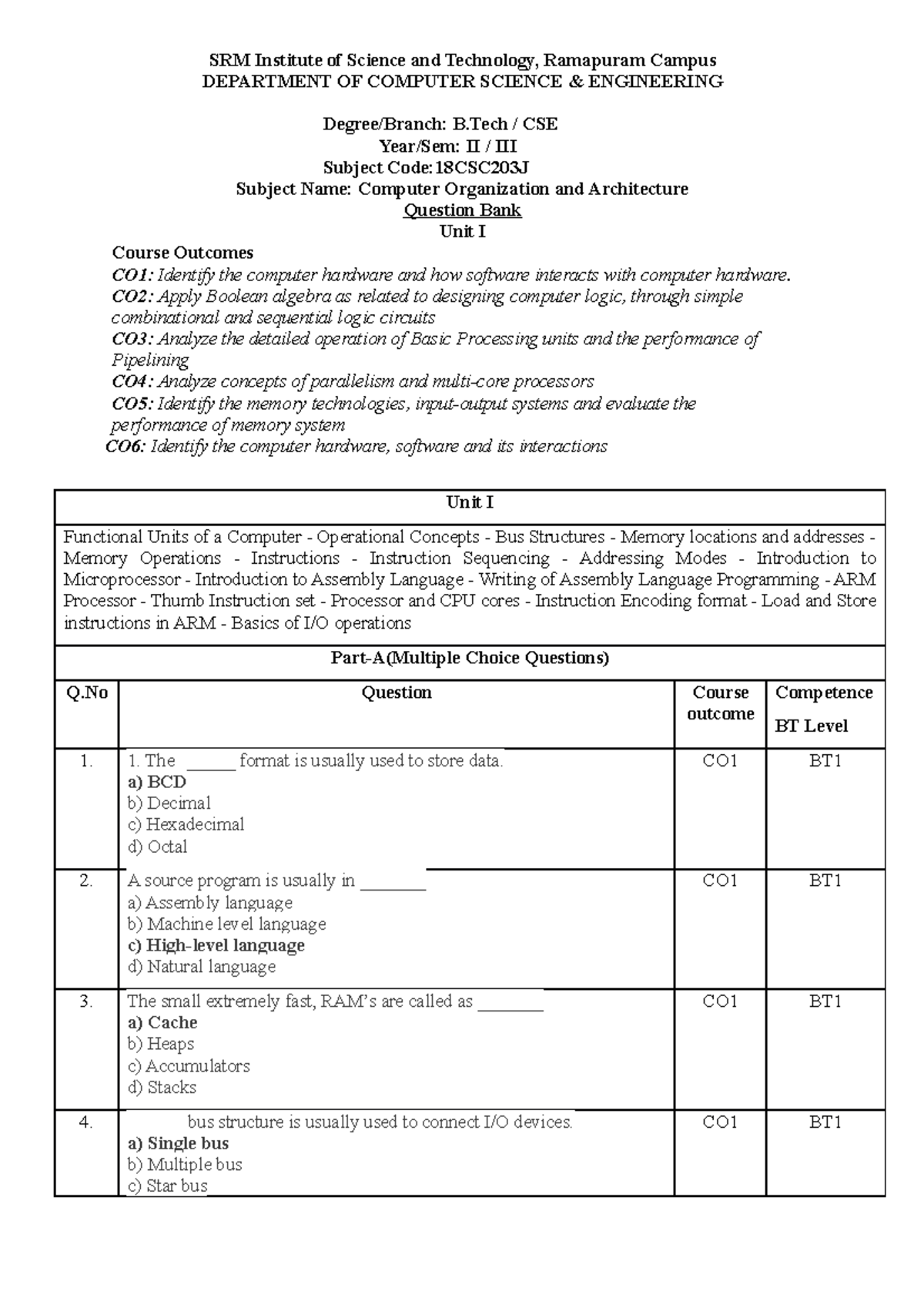 UNIT 1 COA QB - Question bank - SRM Institute of Science and Technology ...