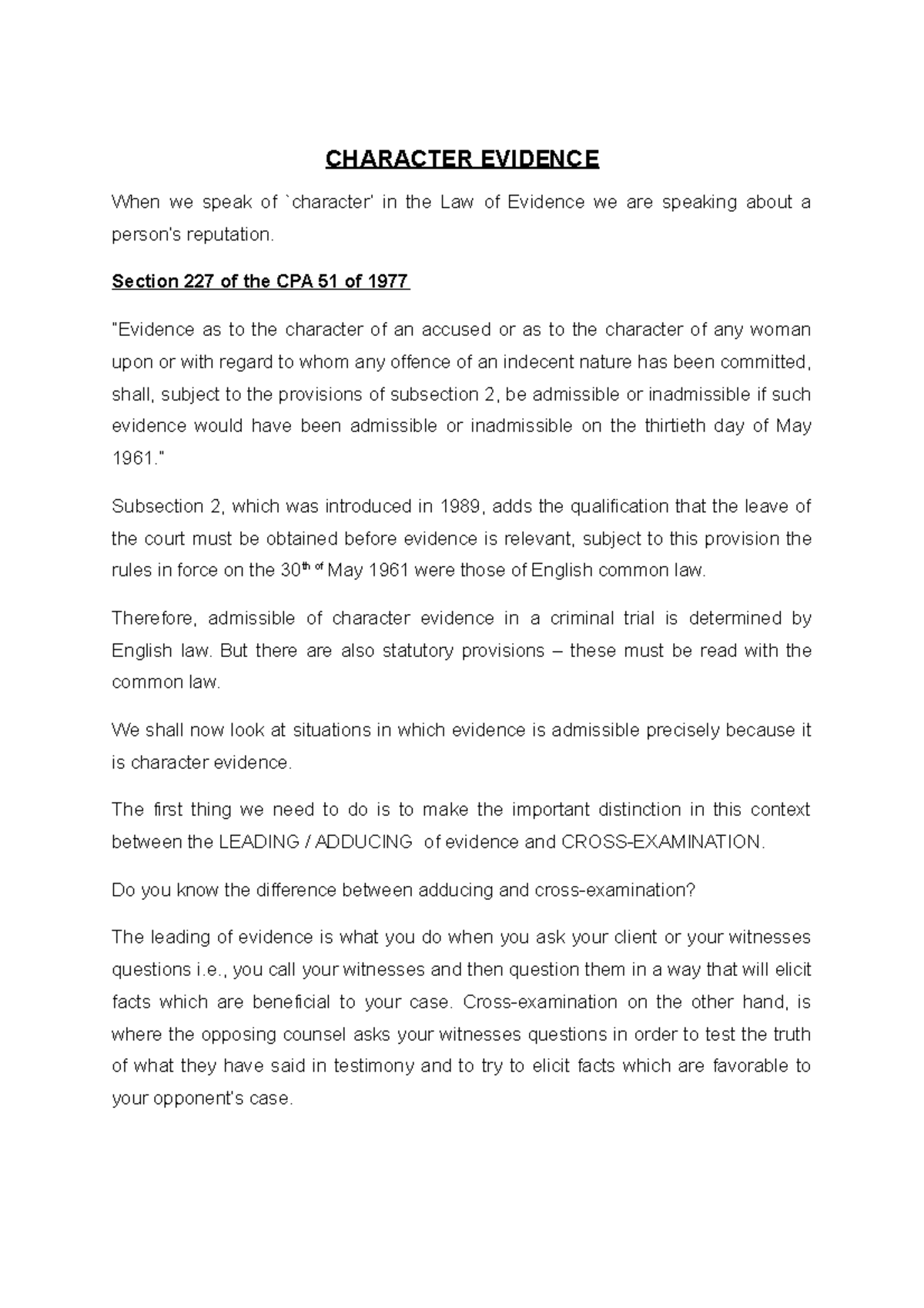 Character Evidence - CHARACTER EVIDENCE When we speak of `character’ in ...