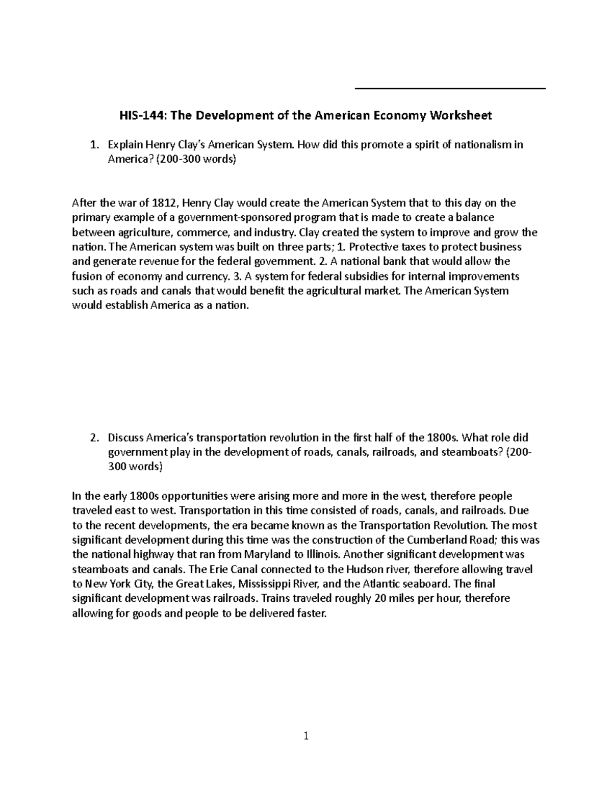HIS-144 - Development of the American Economy - How did this promote a ...