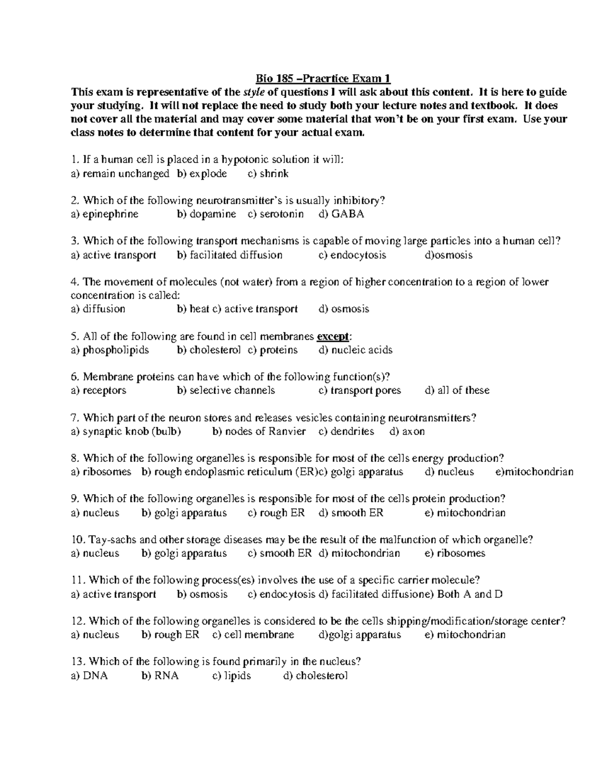 Bio 185 Old Exam 1 - Bio 185 –Pracrtice Exam 1 This exam is ...