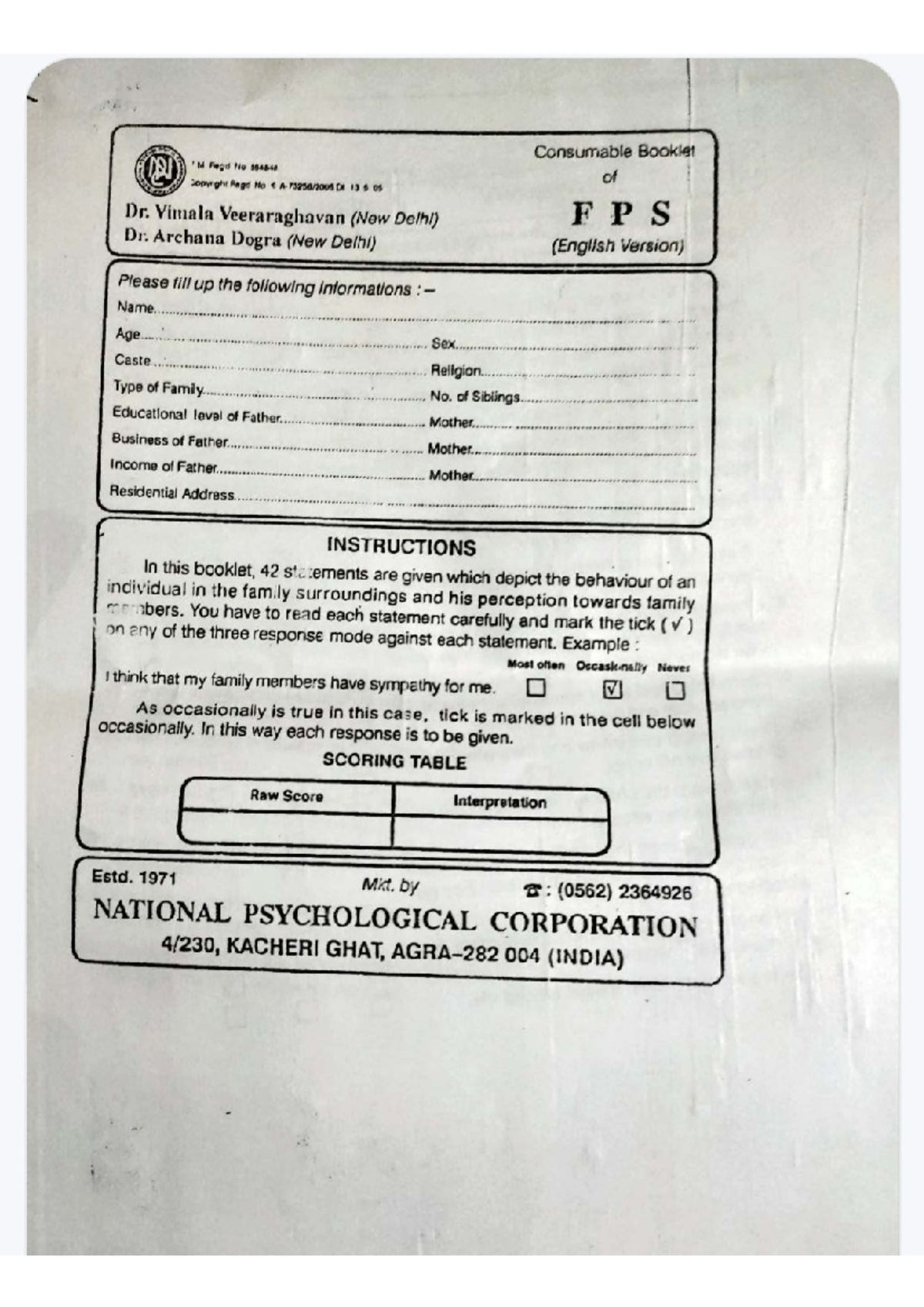 Family pathology scale - Consumable Booklet Regd No 504848 of Copyright ...