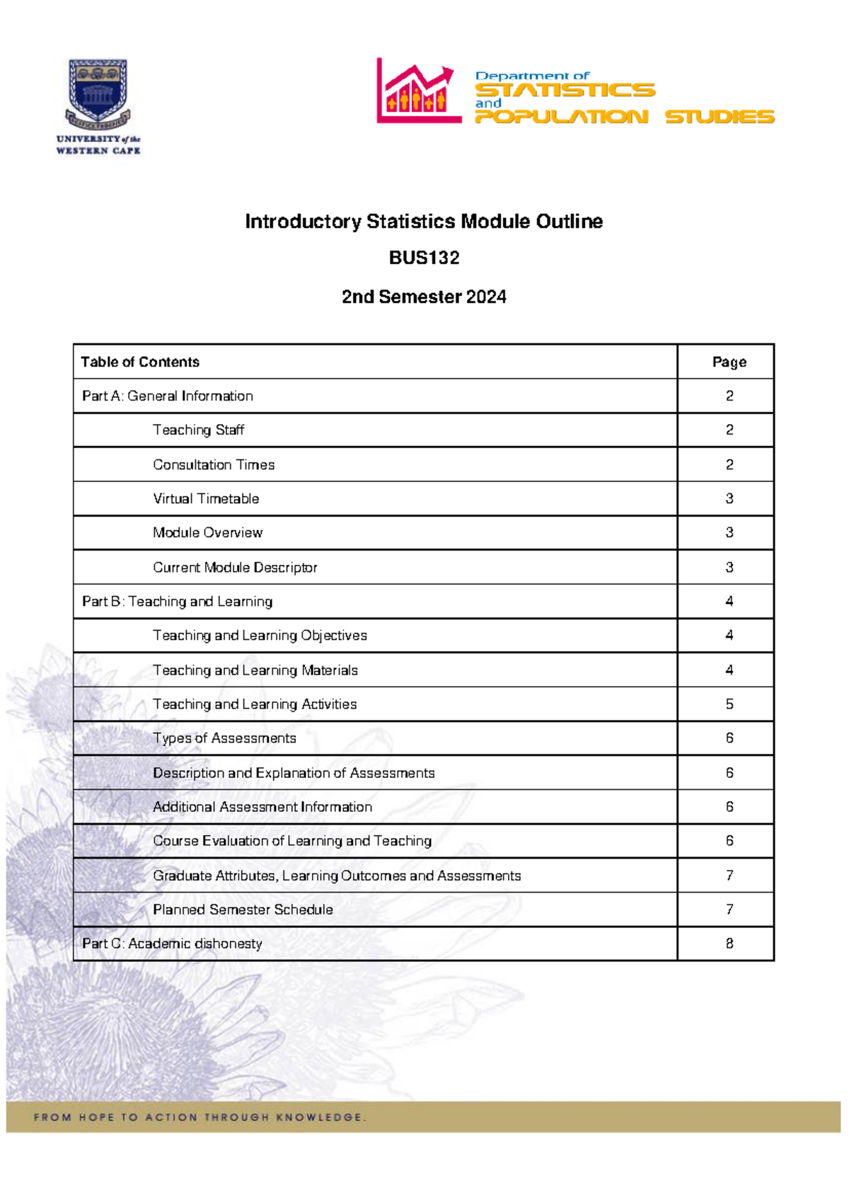 Course Outline BUS132 2024 - Introductory Statistics Module Outline - BUS13 - 2nd Semester Part ...
