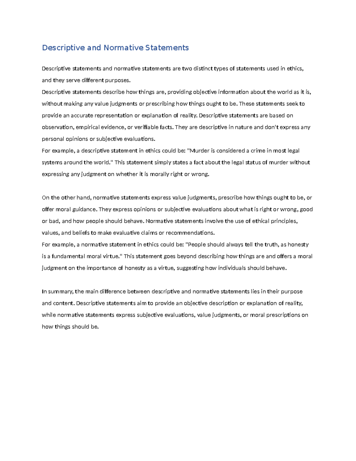 Unit 1 - Lecture - Descriptive and Normative Statements Descriptive ...