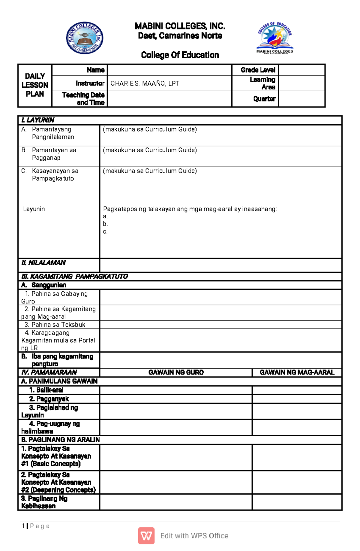 Format LP - happy - 1 | P a g e MABINI COLLEGES, INC. Daet, Camarines ...