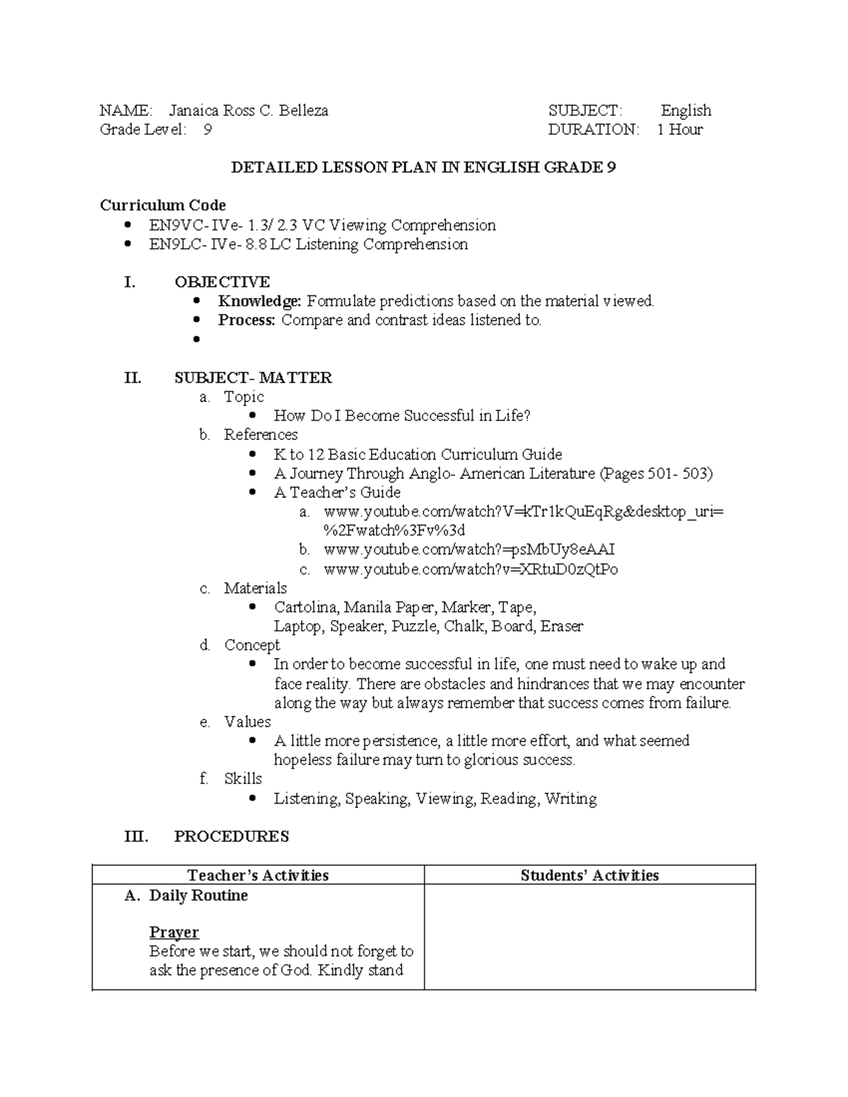 Detailed Lesson Plan for English 8 - NAME: Janaica Ross C. Belleza ...