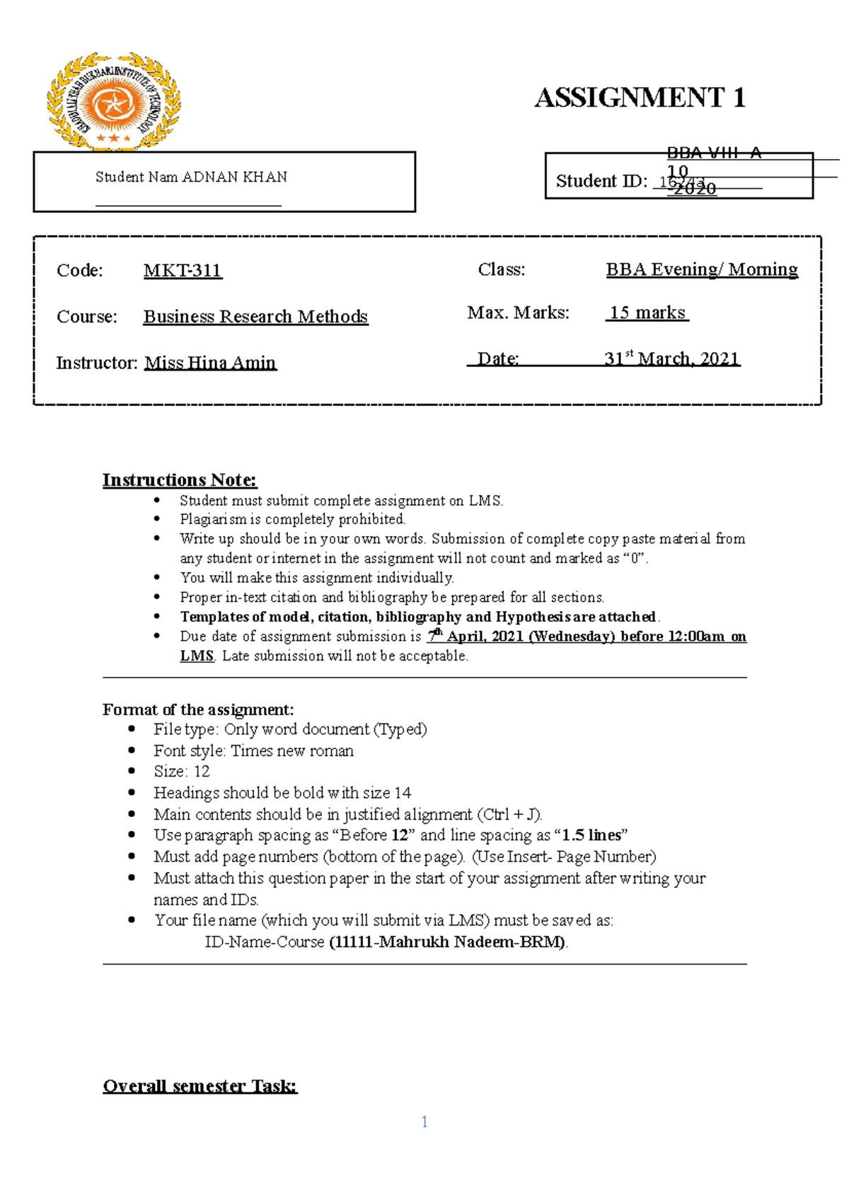 Assignment 1 BRM - this is - Instructions Note: Student must submit ...