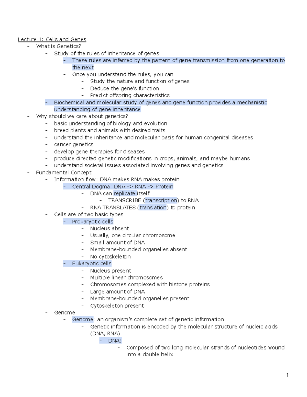 Genetics Unit 1 Class Notes - Lecture 1: Cells and Genes - What is ...