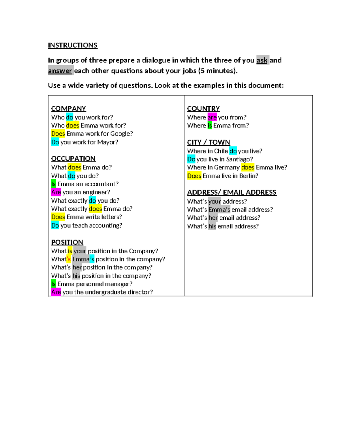 Interview your classmates - INSTRUCTIONS In groups of three prepare a ...