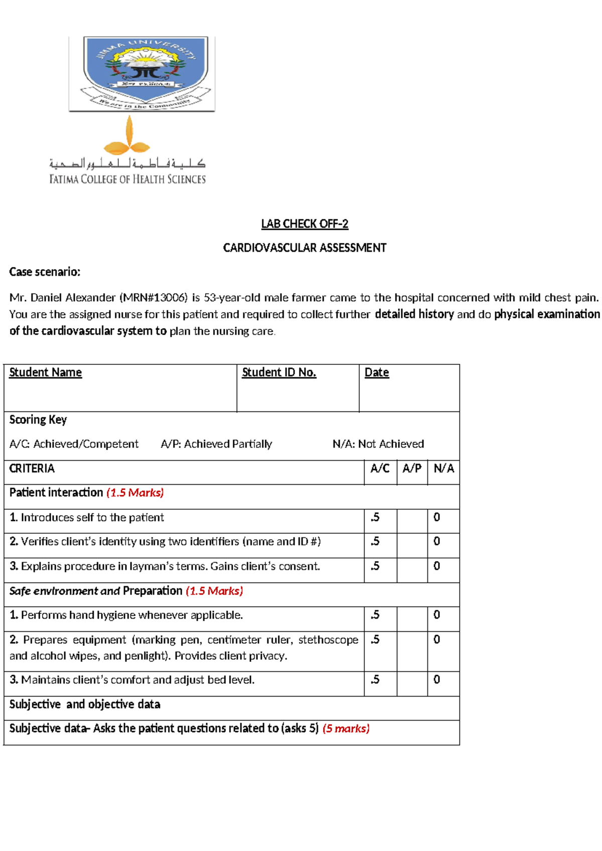 Cardiovascular - study - LAB CHECK OFF- CARDIOVASCULAR ASSESSMENT Case ...