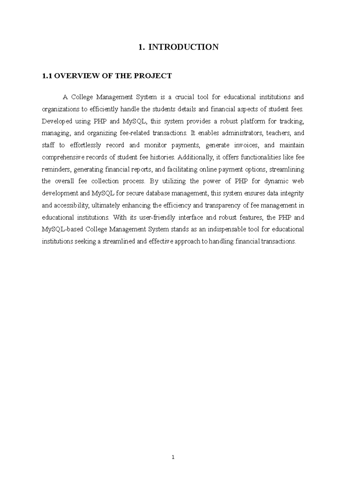 College-Management system - 1. INTRODUCTION 1 OVERVIEW OF THE PROJECT A ...