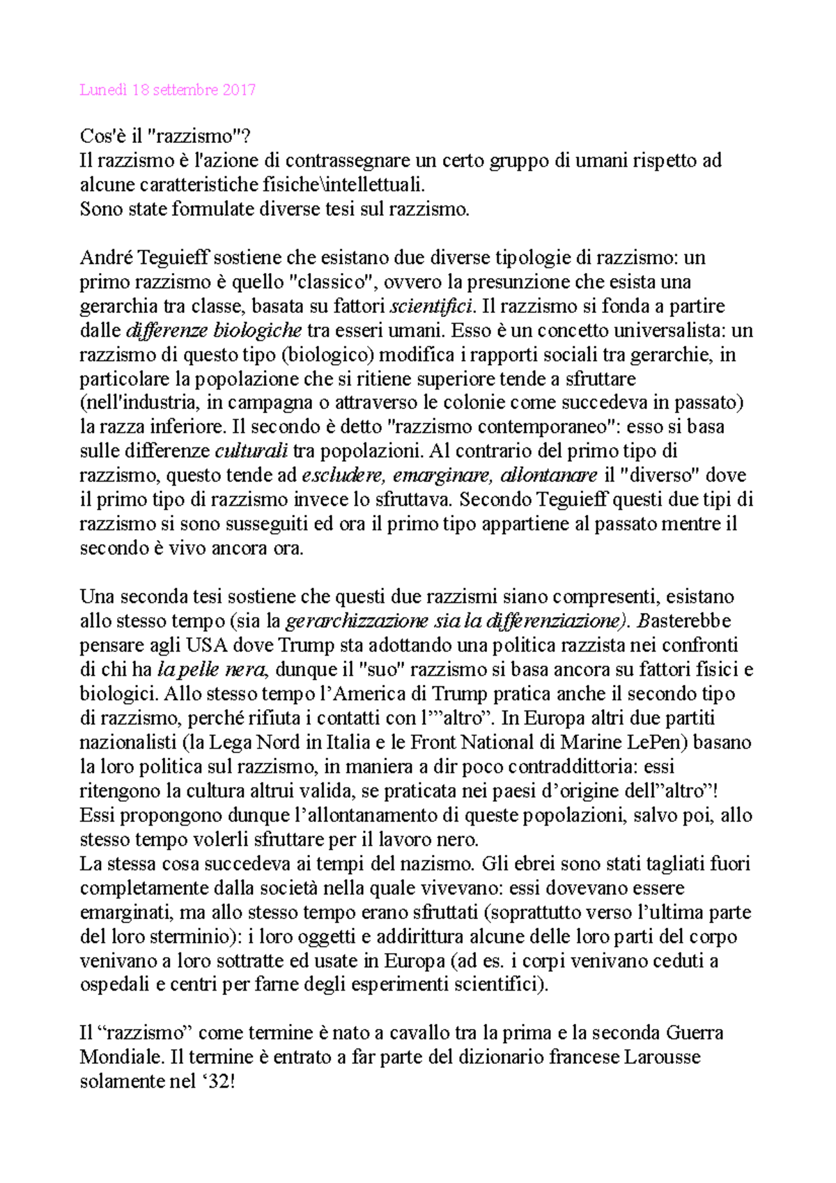 Appunti storia moderna, storia del razzismo - Lunedì 18 settembre 2017 ...