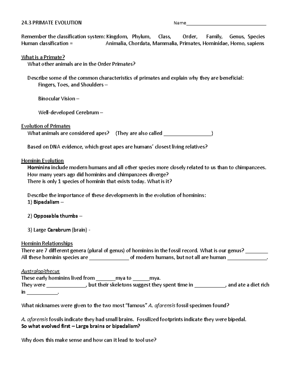 24.3 human evolution notes primate - 3 PRIMATE EVOLUTION Name