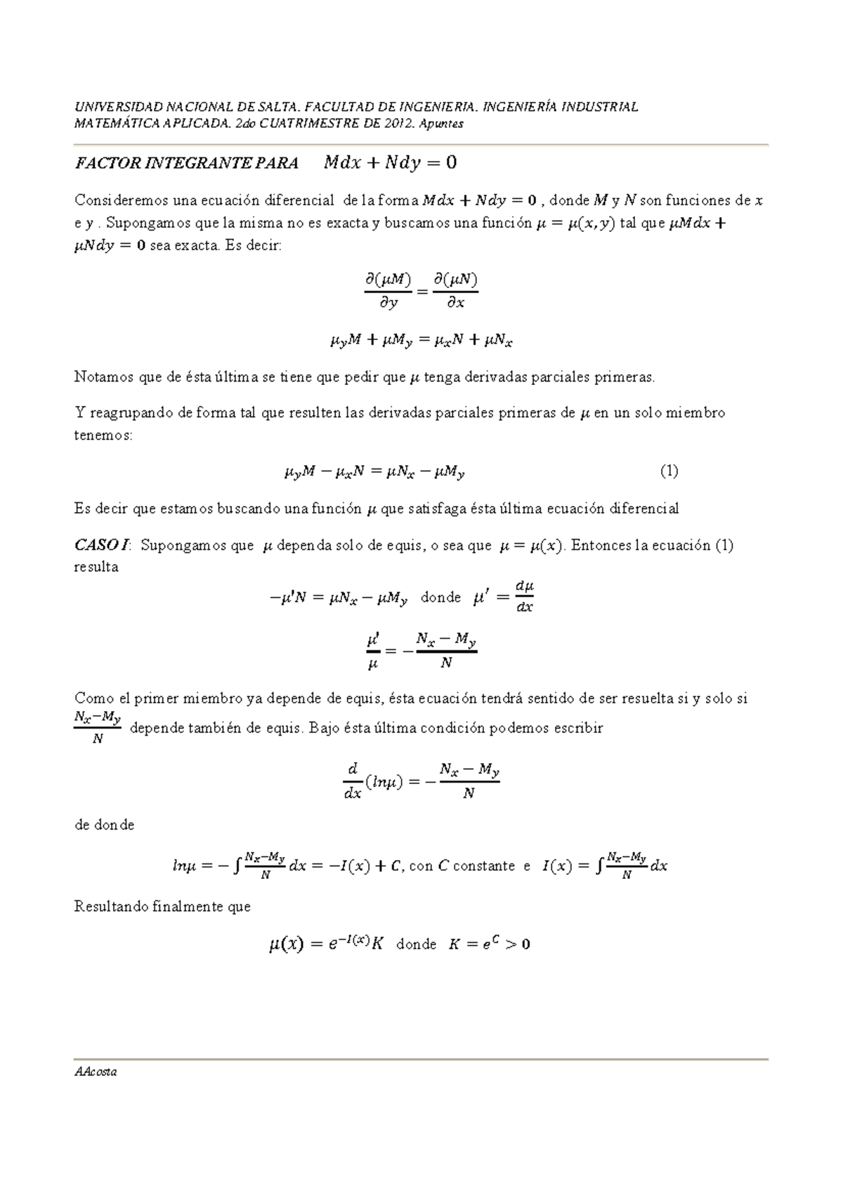 Factor integrante exacta - UNIVERSIDAD NACIONAL DE SALTA. FACULTAD DE ...