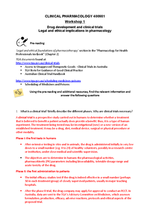Week 2 tutorial - CLINICAL PHARMACOLOGY 9NATS2008) Week 2 Tutorial 2 ...