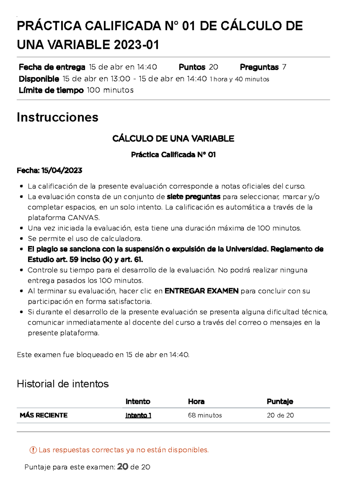 PC1 Cálculo DE UNA Variable 2023-01 - PRÁCTICA CALIFICADA N° 01 DE CÁLCULO DE UNA VARIABLE 2023 ...