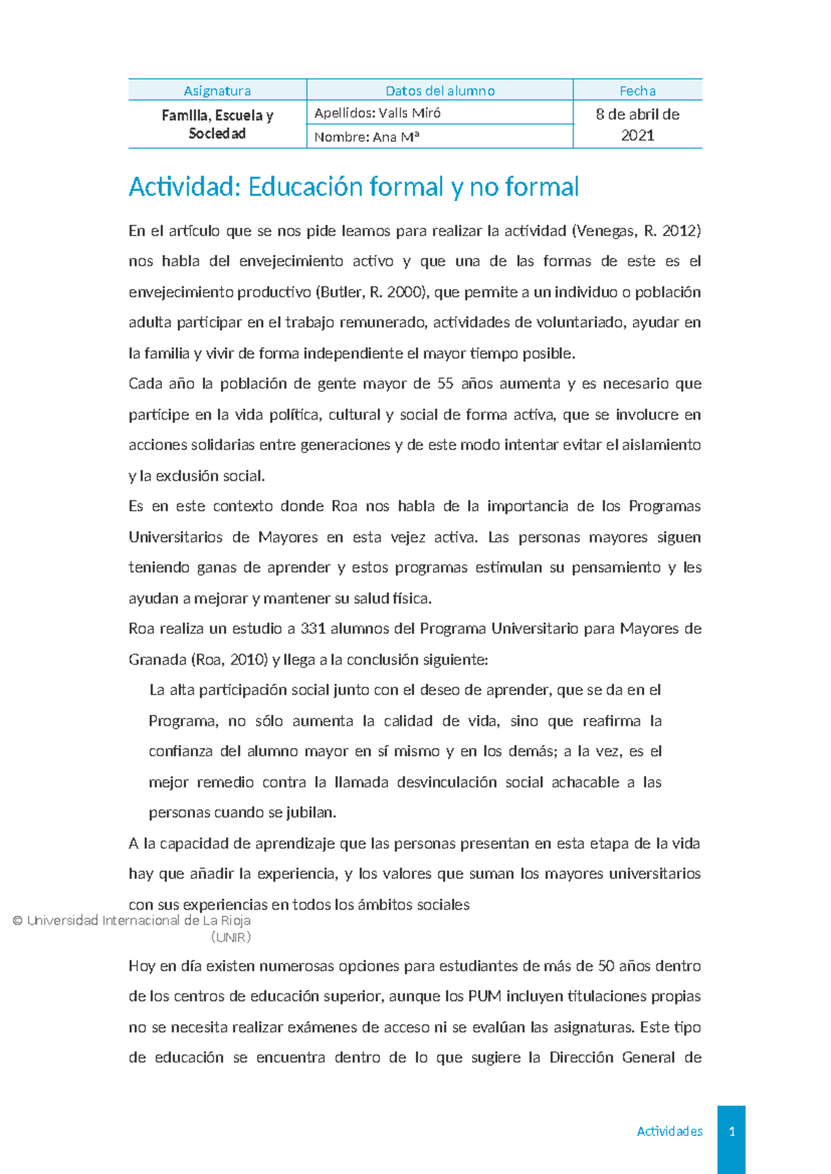 Actividad PUM E. Formal y no formal - © Universidad Internacional de La ...