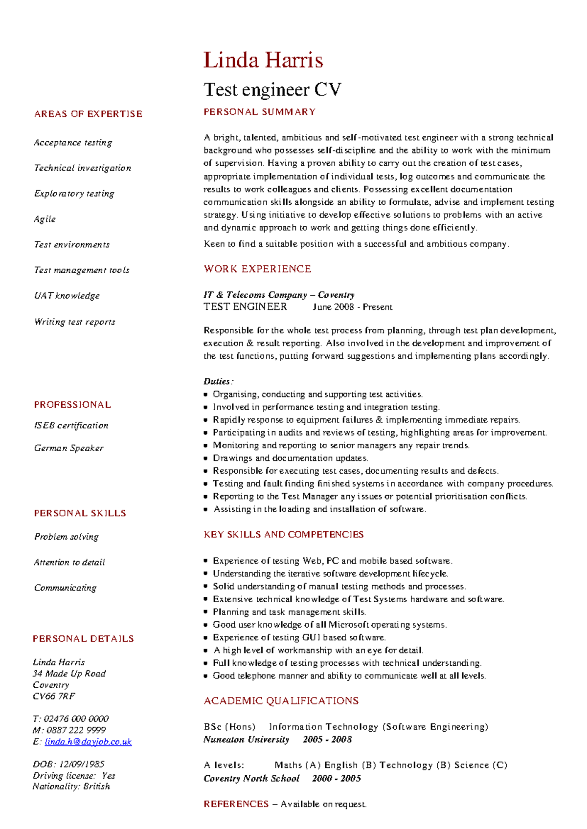 Test Engineer Cv Template Areas Of Expertise Acceptance Testing