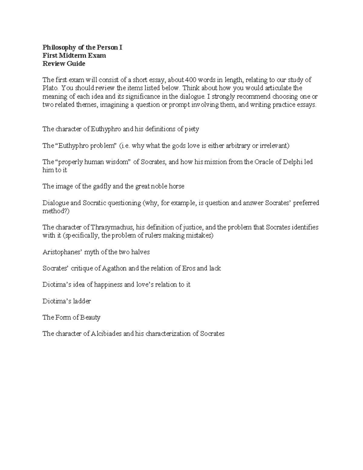 First Exam Review Guide - Philosophy of the Person I First Midterm Exam ...