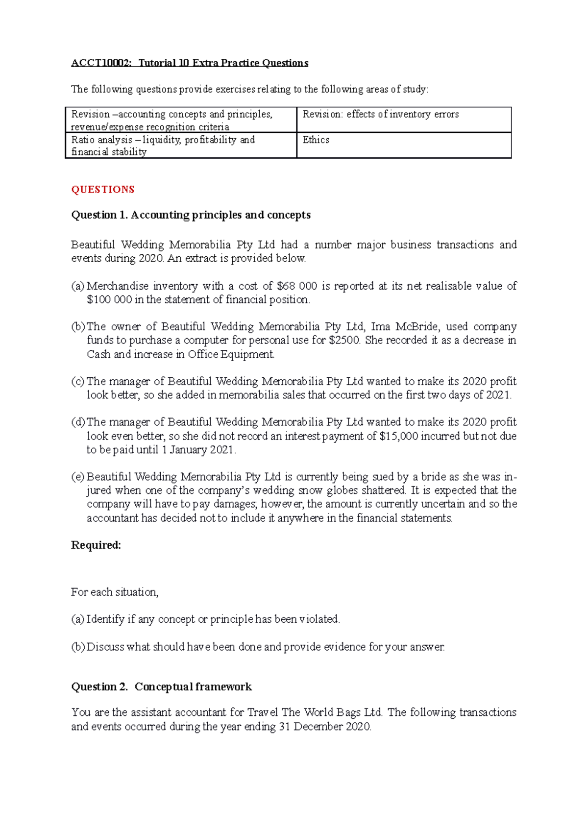 ACCT10002 Tutorial 11 Extra Practice Questions and Solutions - ACCT10002: Tutorial 10 Extra ...