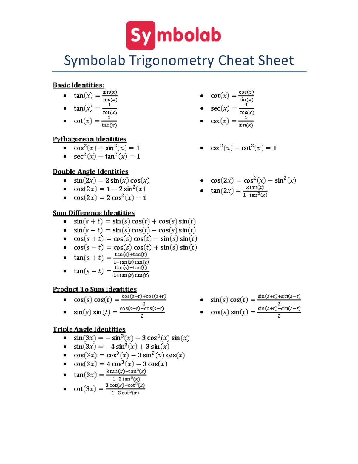 Trigonometry Cheat Sheet - Symbolab Trigonometry Cheat Sheet Basic ...