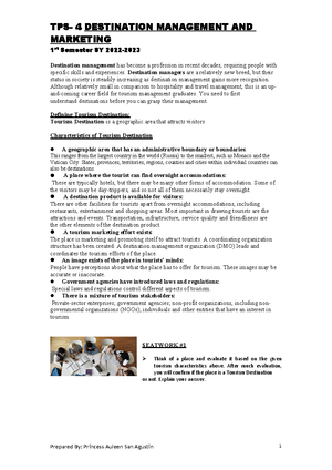 Learning outcomes DMM - 1The concepts of destination management and ...