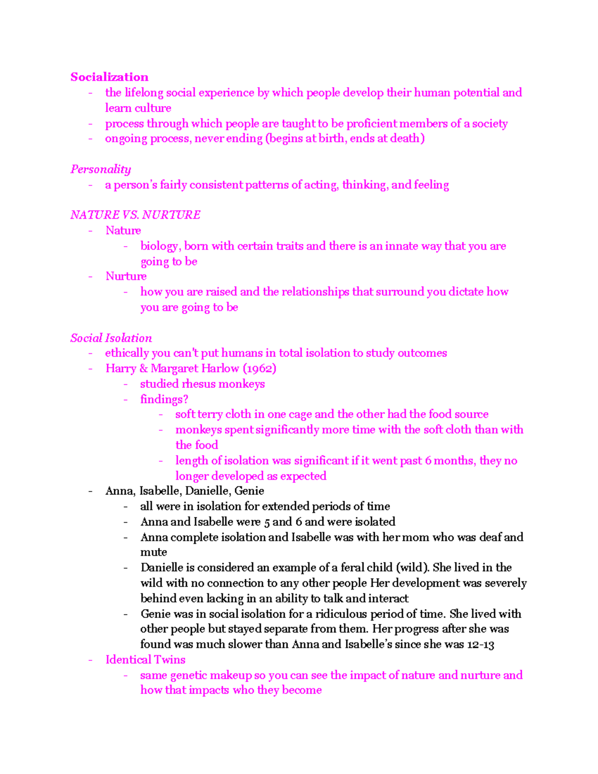 Unit 2 Sociology - Socialization - the lifelong social experience by ...