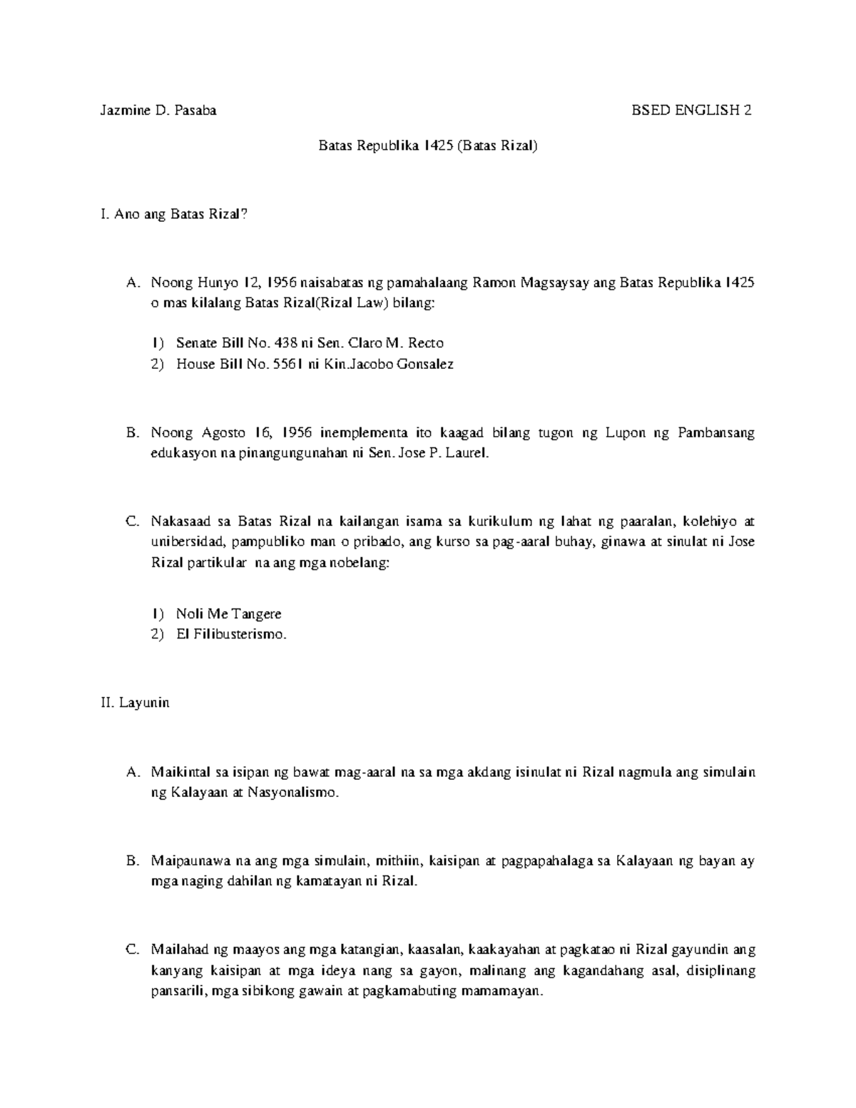 Batas Rizal - Activity - Jazmine D. Pasaba BSED ENGLISH 2 Batas ...