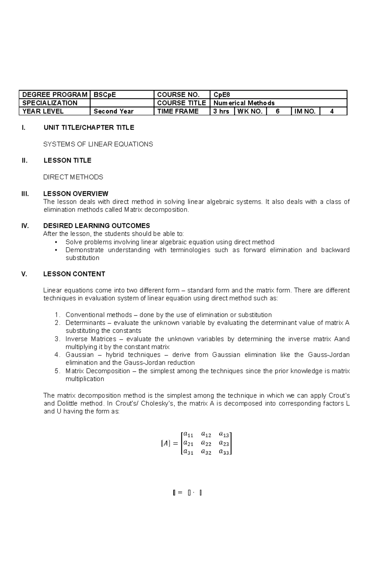 Module 4 Systems of Linear Equations - DEGREE PROGRAM BSCpE COURSE NO. CpE SPECIALIZATION COURSE ...