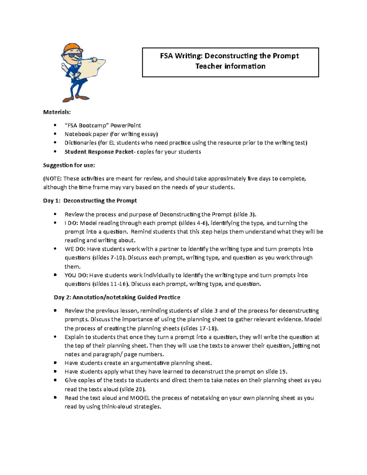 FSA Writing Bootcamp 2022- Teacher Directions v2 - Materials: “FSA ...