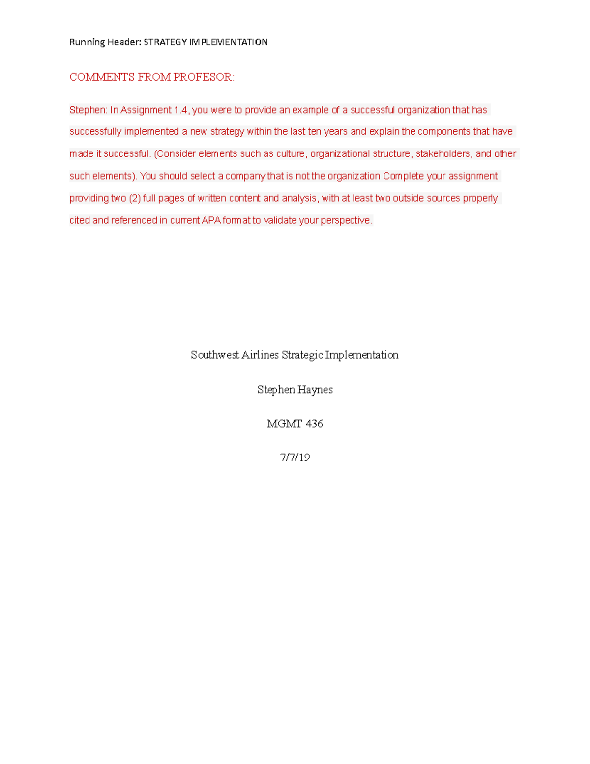 Strategic Implementation- SWA - Running Header: STRATEGY IMPLEMENTATION ...