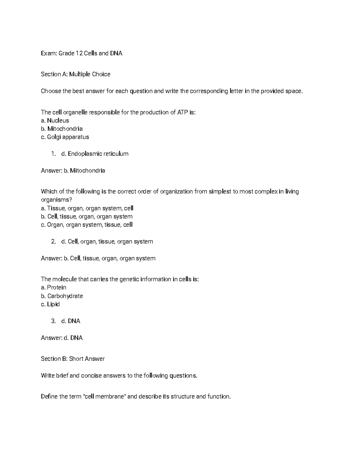 Exam Grade 12 Cells and DNA Quiz Practice - Exam: Grade 12 Cells and ...