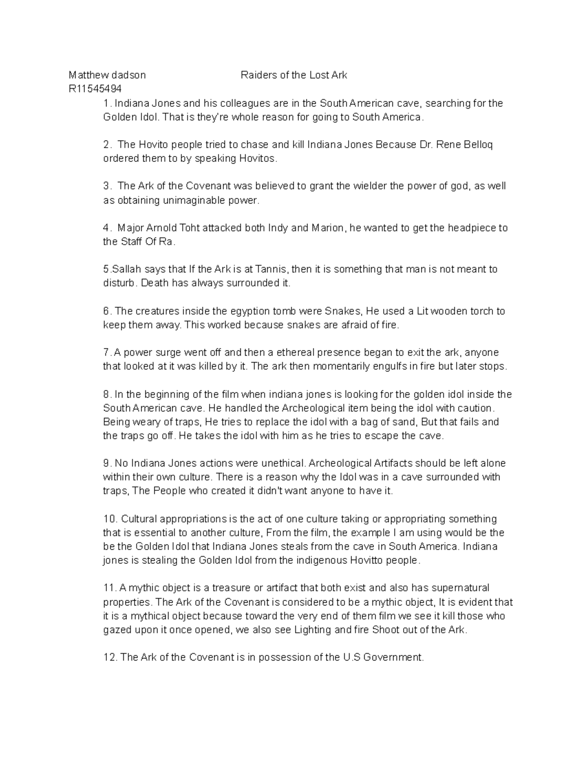 Raiders of the Lost Ark - Answers for movie questions. - Matthew dadson ...