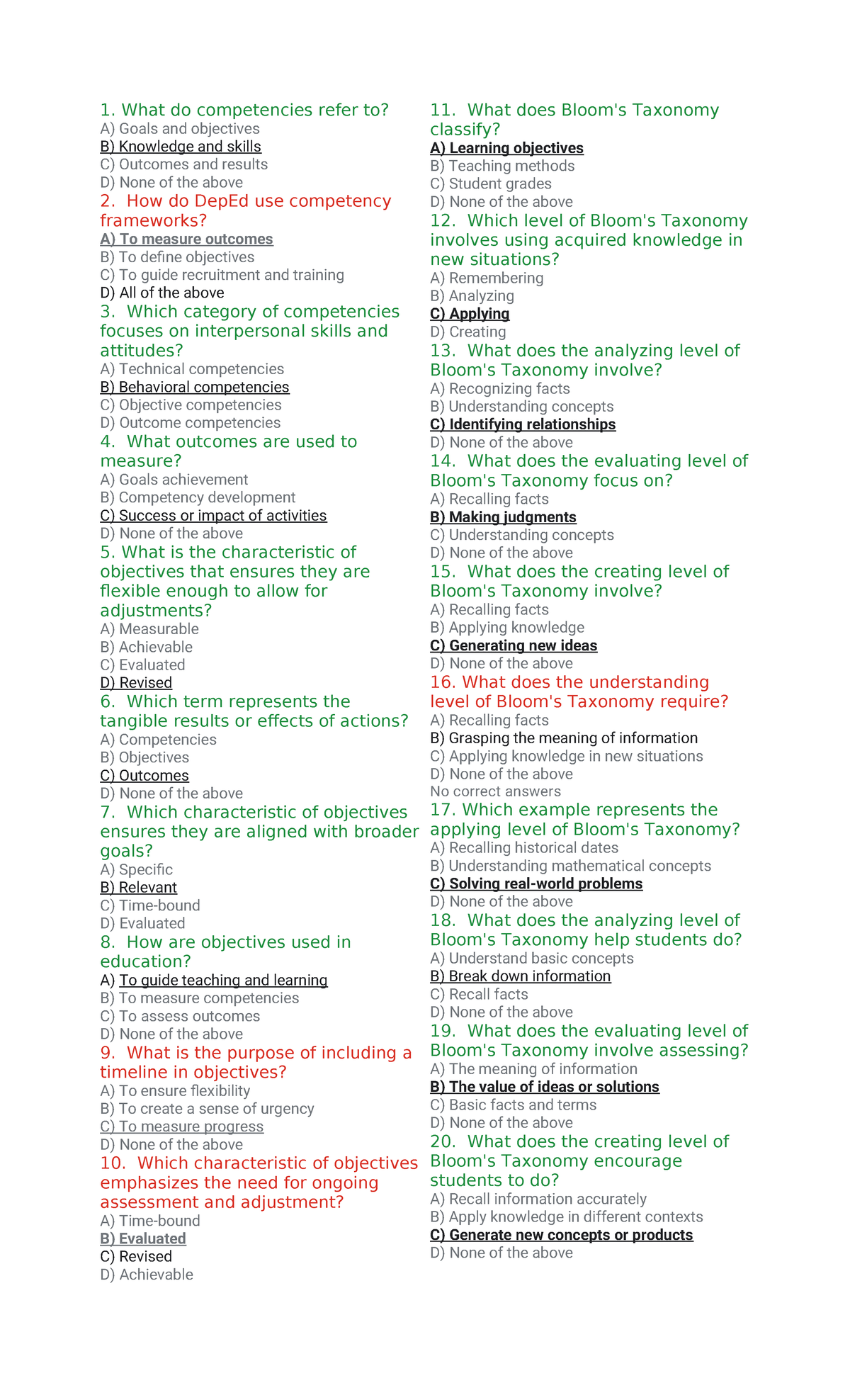 Prof Ed Final Exam 1 What Do Competencies Refer To A Goals And