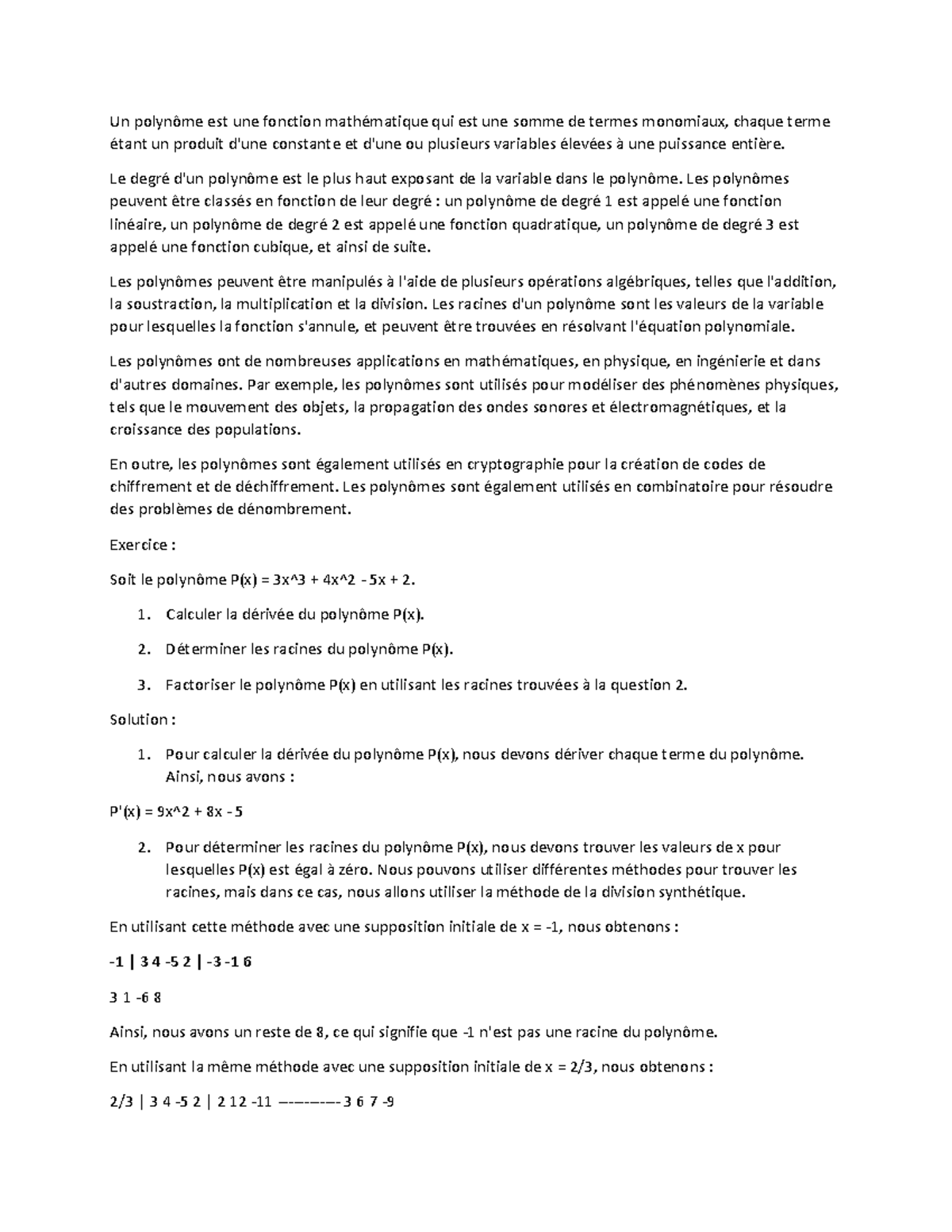 Polynôme resume + exercice avec correction - Un polynôme est une ...