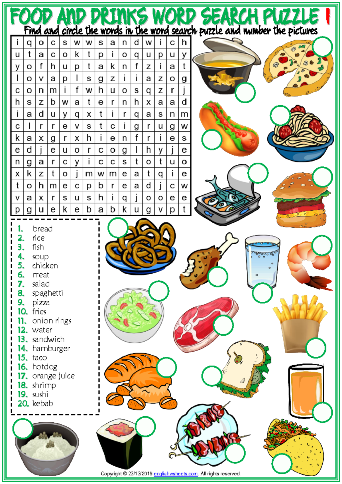 Food and drinks vocabulary esl word search puzzle worksheets for kids ...