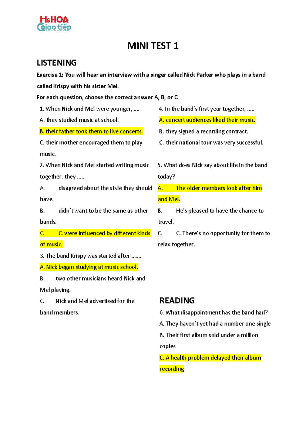 Minitest-1-Nguyen - Minitest - MINI TEST 1 LISTENING Exercise 1: You ...