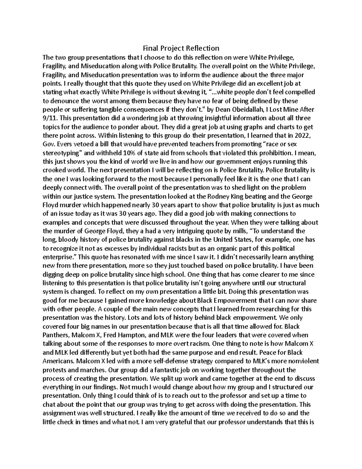 Phil of Race Final Project Reflection - Final Project Reflection The ...