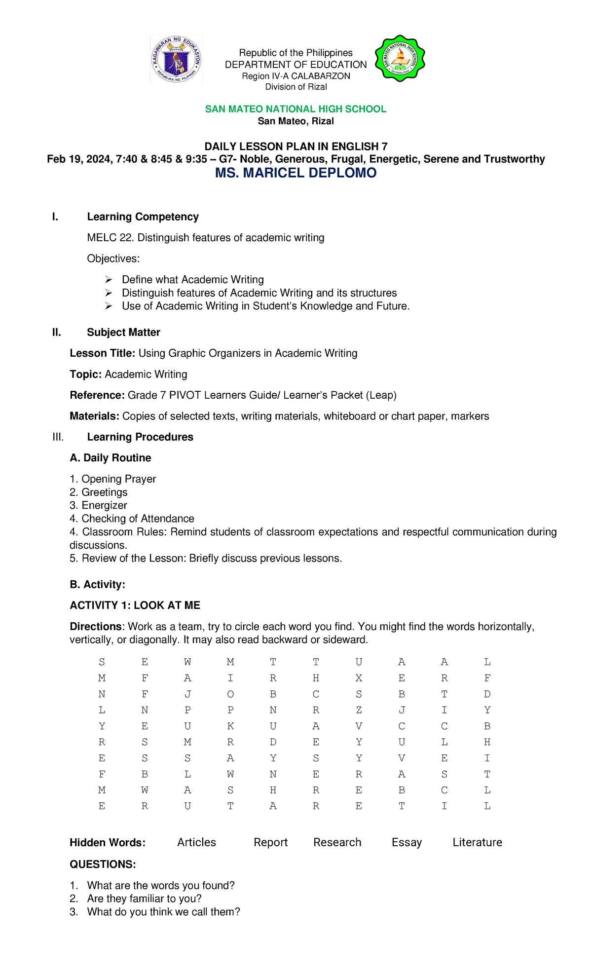 Ms. you na po hehe - Republic of the Philippines DEPARTMENT OF ...