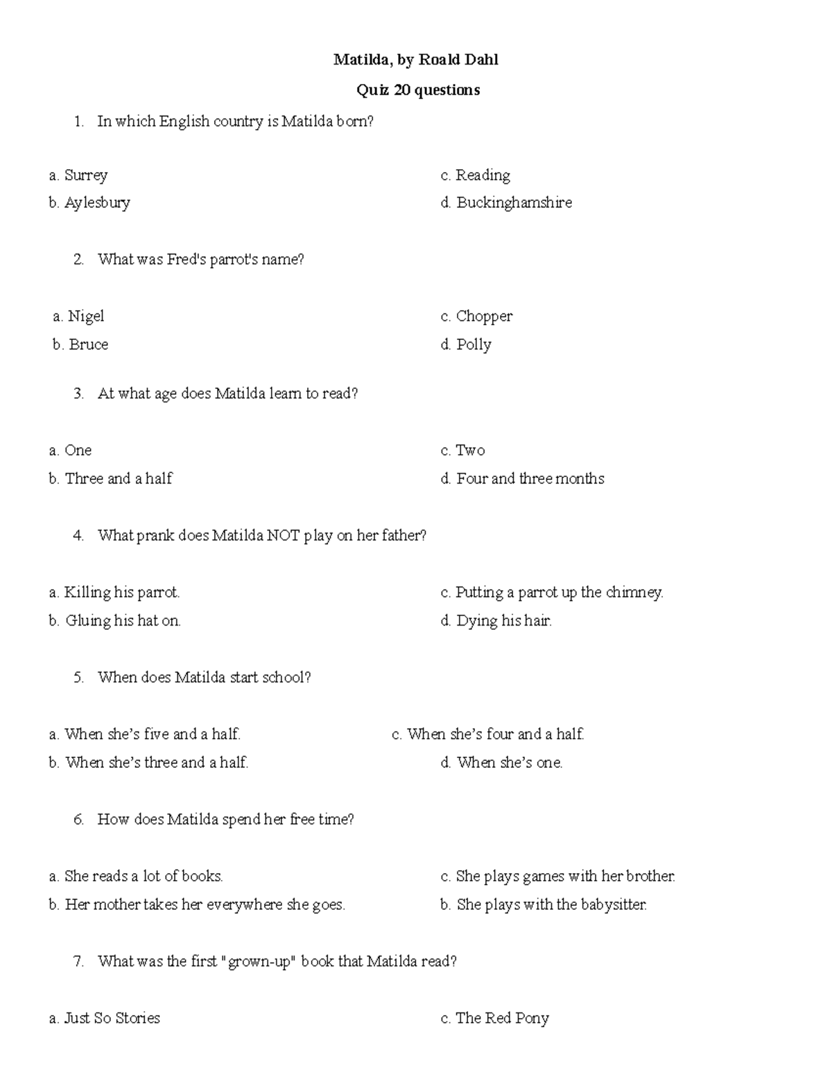 Matilda by Roald Dahl Quiz 20 questions final - Matilda, by Roald Dahl ...