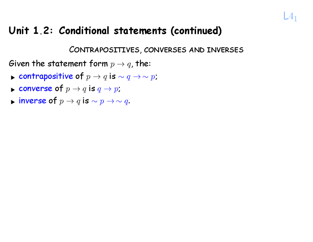 WTW115 Lecture 04 (post lecture notes) 2023 - L 41 Unit 1: Conditional ...