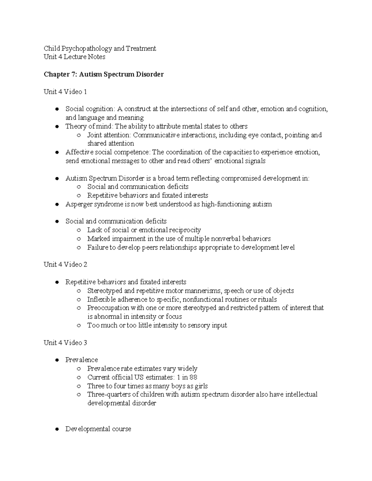PSY 3223 Unit 4 Chapter 7 Lecture Notes - Child Psychopathology and ...