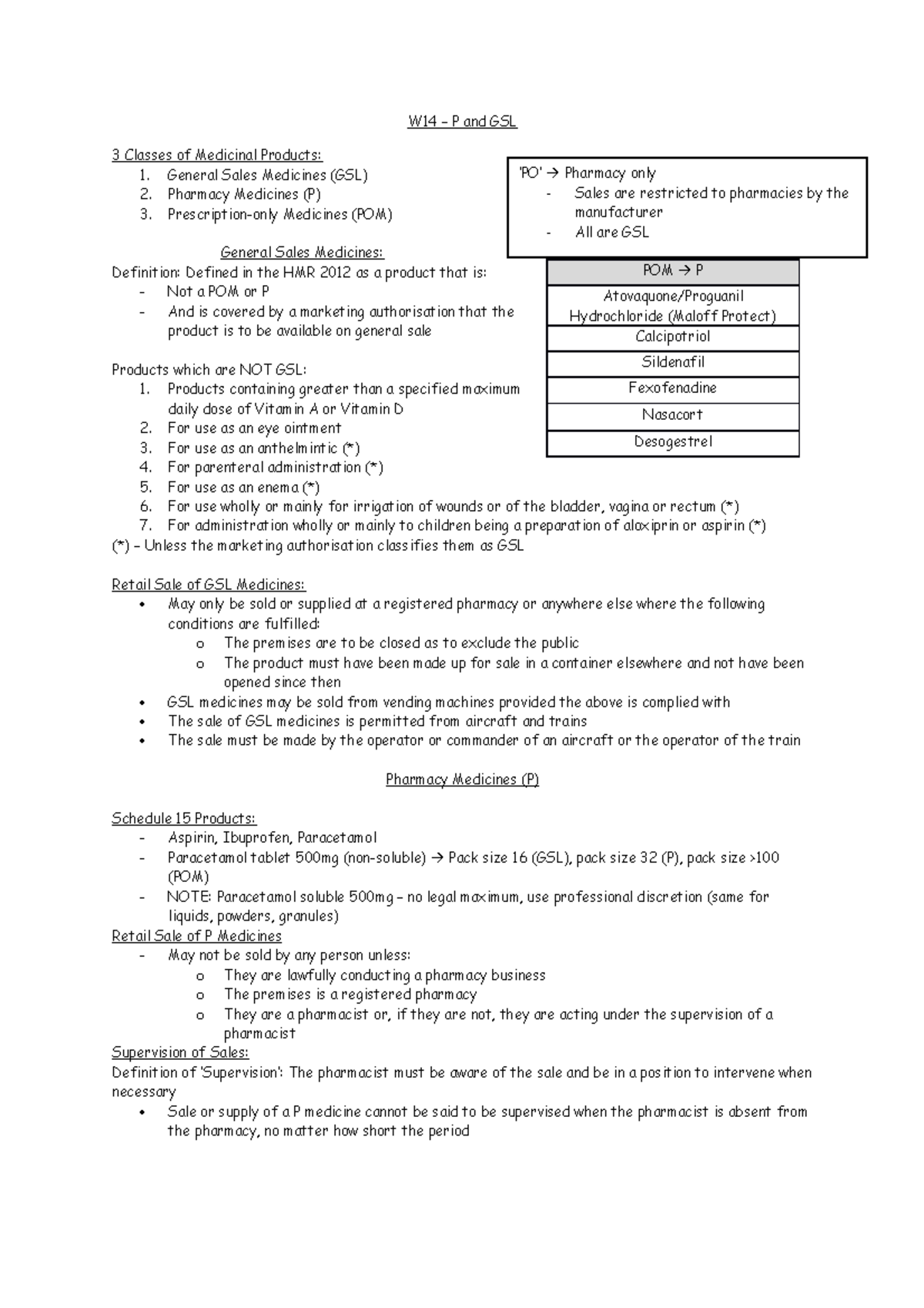 W14 P and GSL - revision - W14 – P and GSL 3 Classes of Medicinal ...