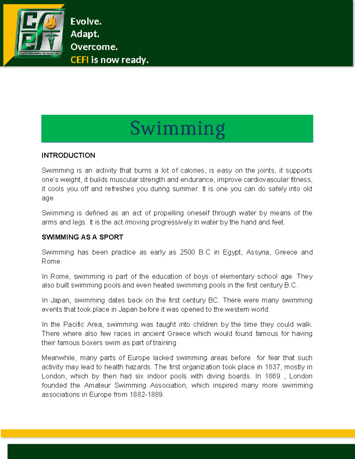 Lesson-1- Swimming - Evolve. Adapt. Overcome. CEFI is now ready ...