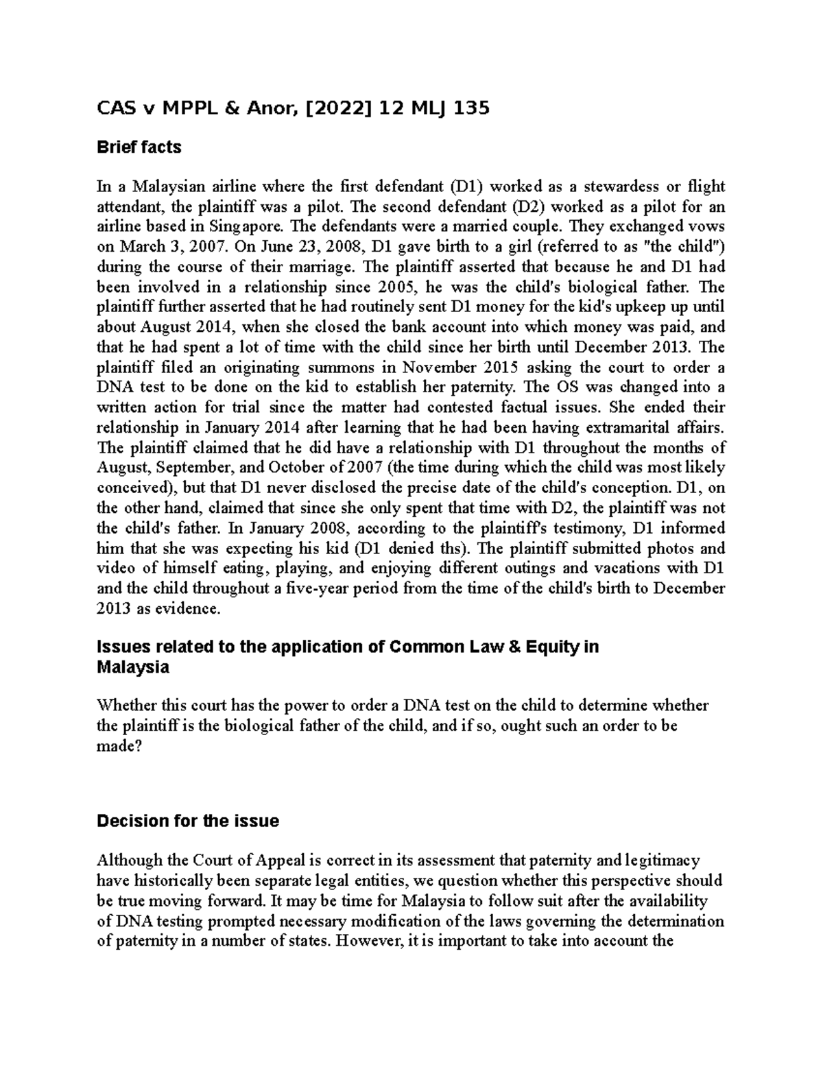 CAS v MPPL - NOTES - CAS v MPPL & Anor, [2022] 12 MLJ 135 Brief facts ...