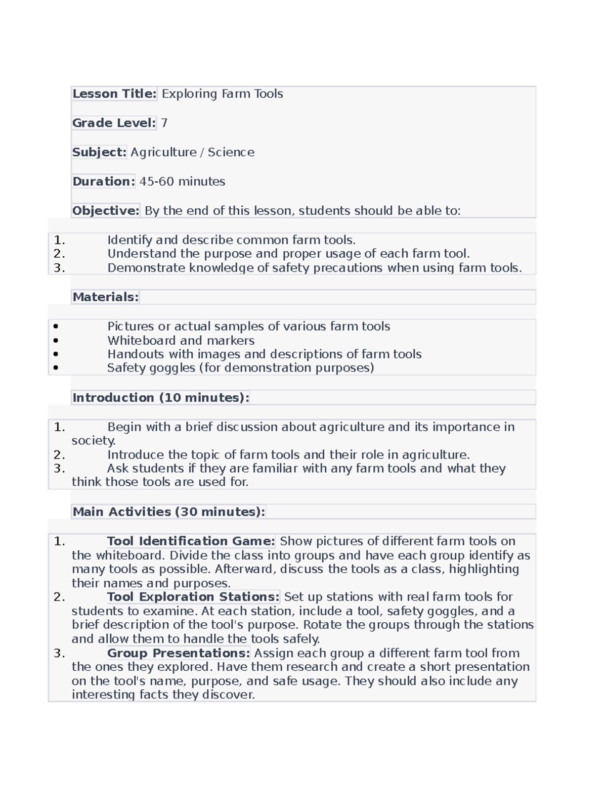 Agri - AGRICULTUTRE TOOLS - Lesson Title: Exploring Farm Tools Grade ...