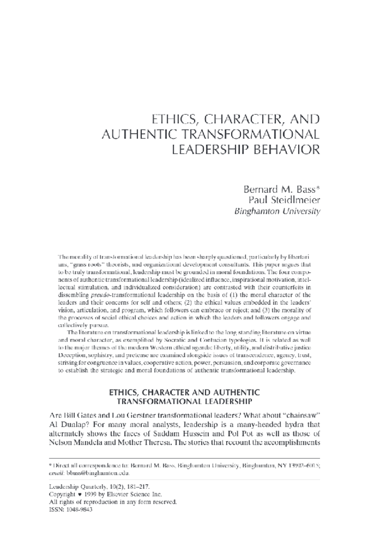 Ethics, character, and authentic transformational leadership - COM 410 ...