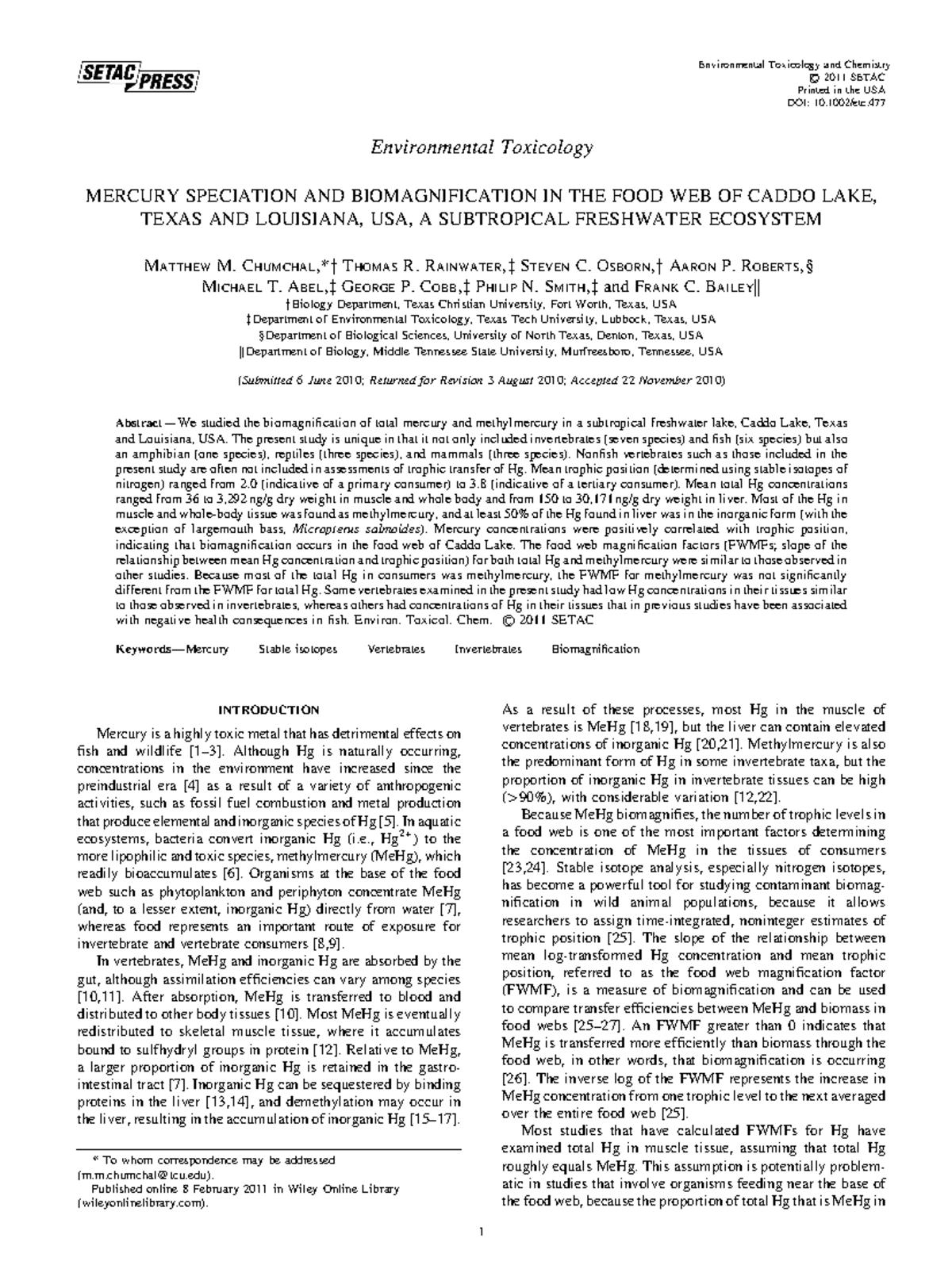 M. M. Chumchal et al. - Mercury speciation and biomagnification in the ...