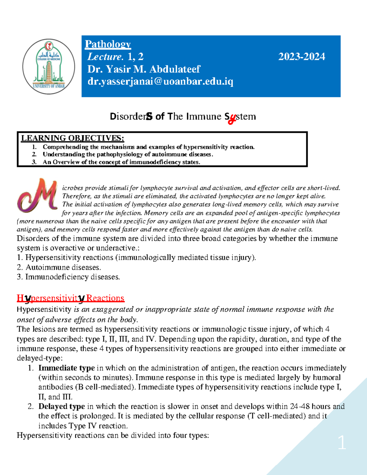 1. Y Lecture 4,5 - Pathology Lecture. 1 , 2 2023 - 2024 Dr. Yasir M ...